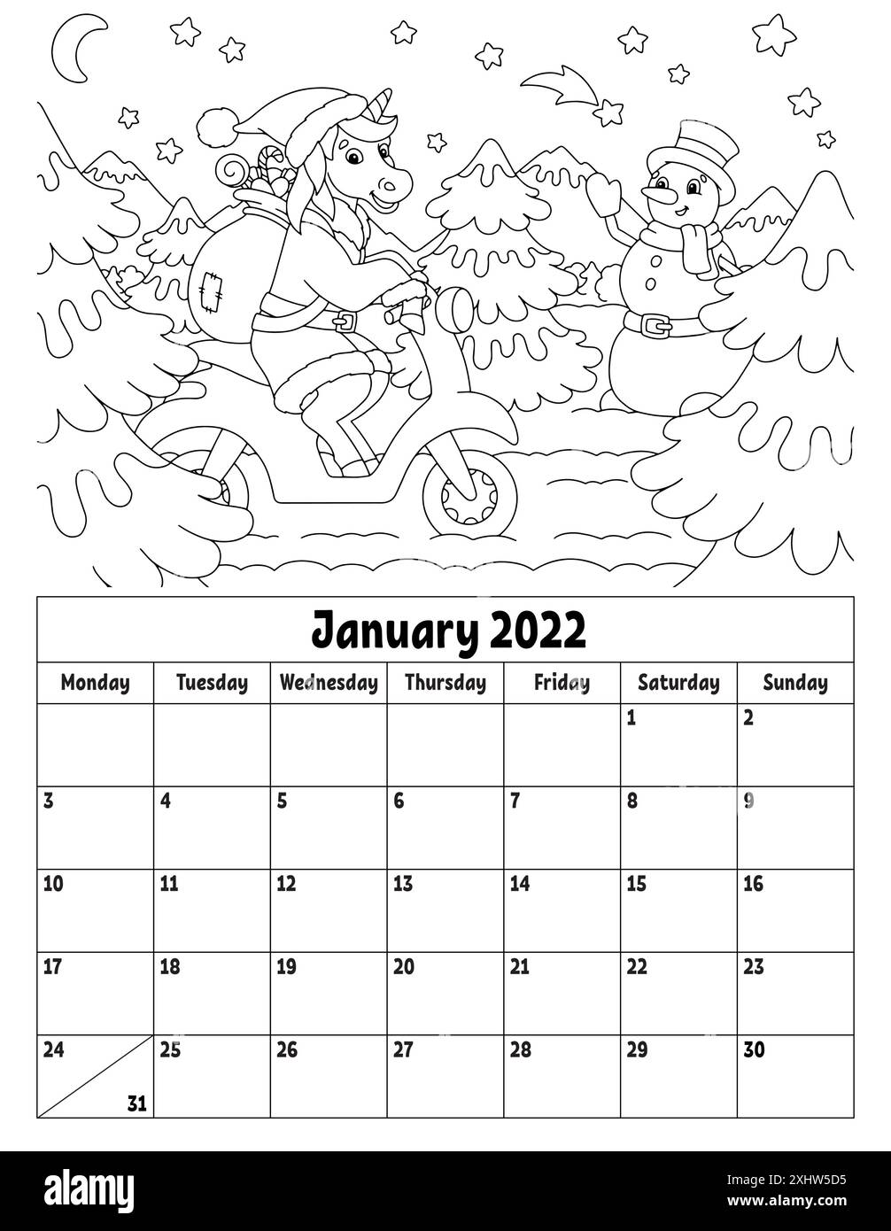 Vertical calendar for 2022 with a cute character. Coloring page for ...