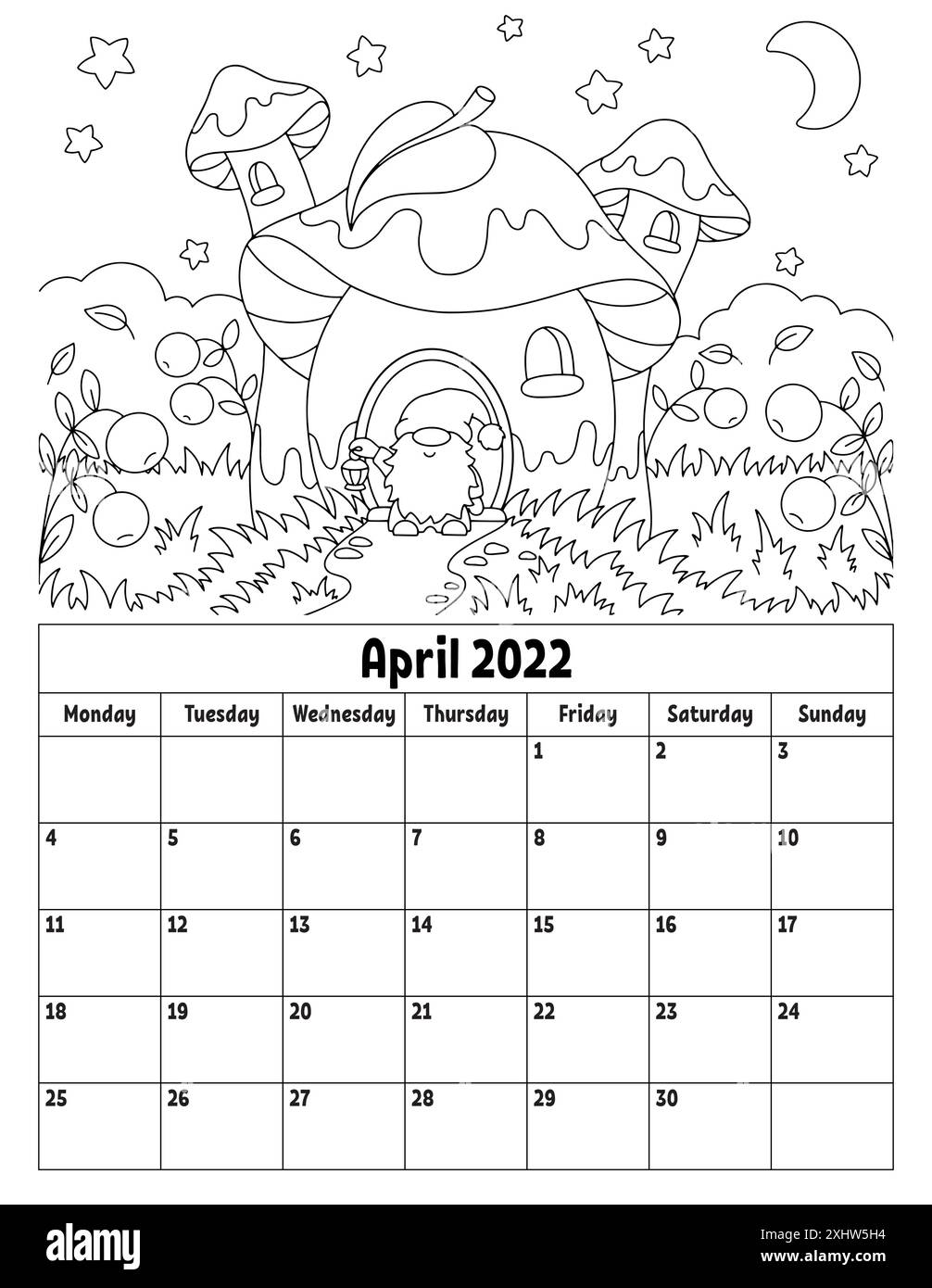 Vertical calendar for 2022 with a cute character. Coloring page for ...