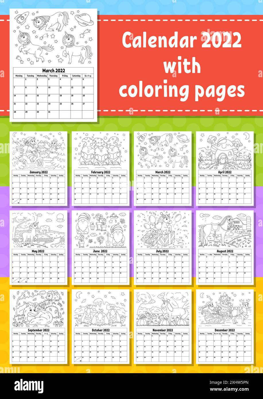 Vertical calendar for 2022 with a cute character. Coloring page for ...