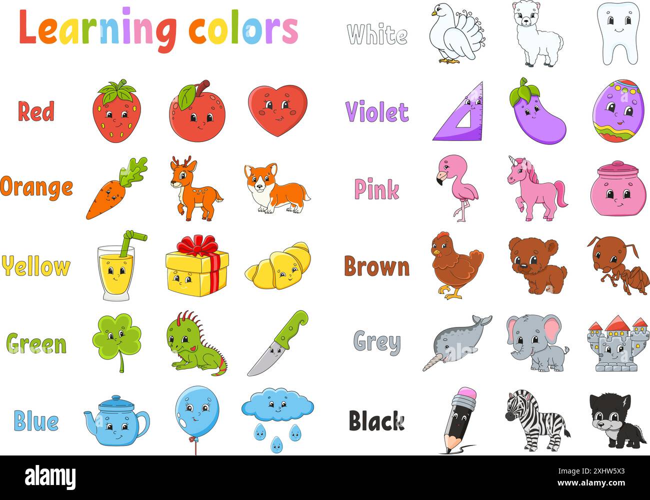 Learning colors. Flashcard for kids. Cute cartoon characters. Picture ...