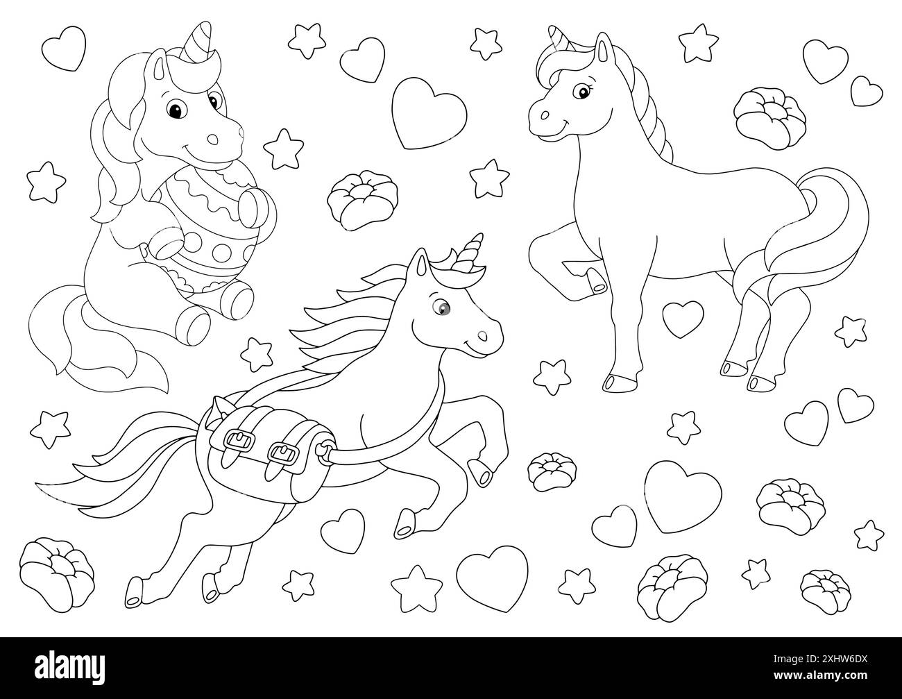 Set of cute magical unicorns. Coloring book page for kids. Cartoon ...