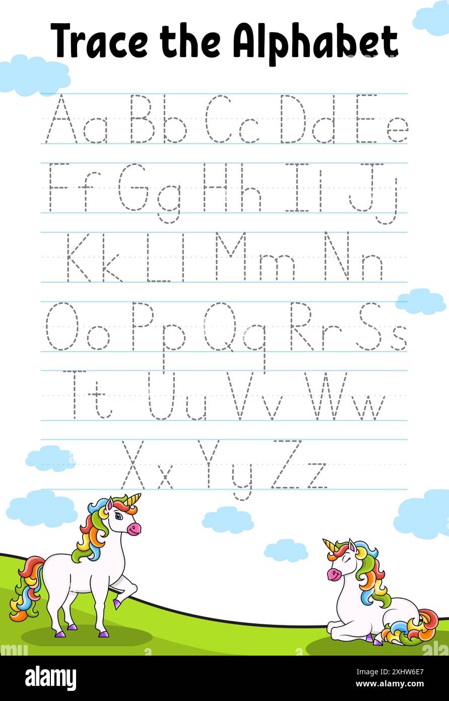 Writing letters. Tracing page with unicorn. Practice sheet. Worksheet ...