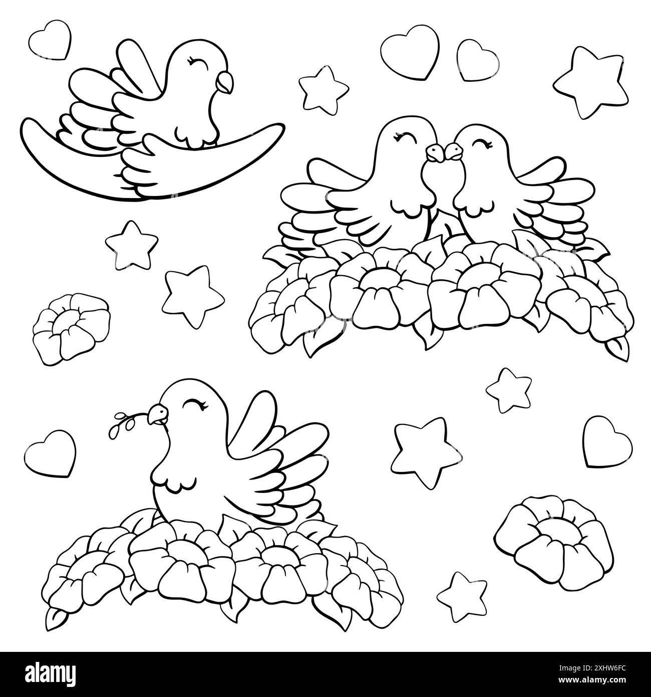 A couple of doves in love sitting in flowers. Coloring page for kids ...