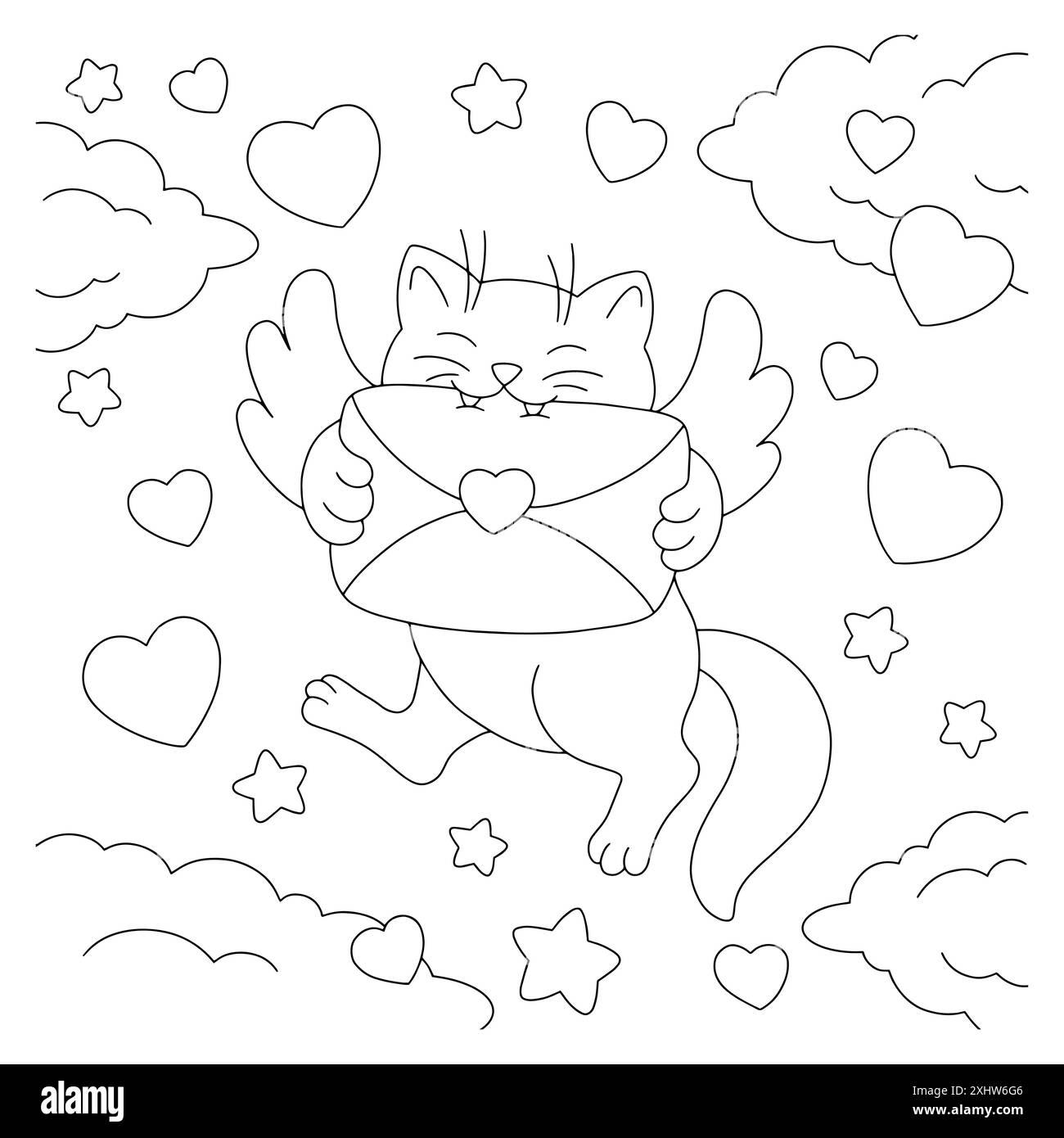 Cupid cat with an envelope. Coloring book page for kids. Valentine's ...
