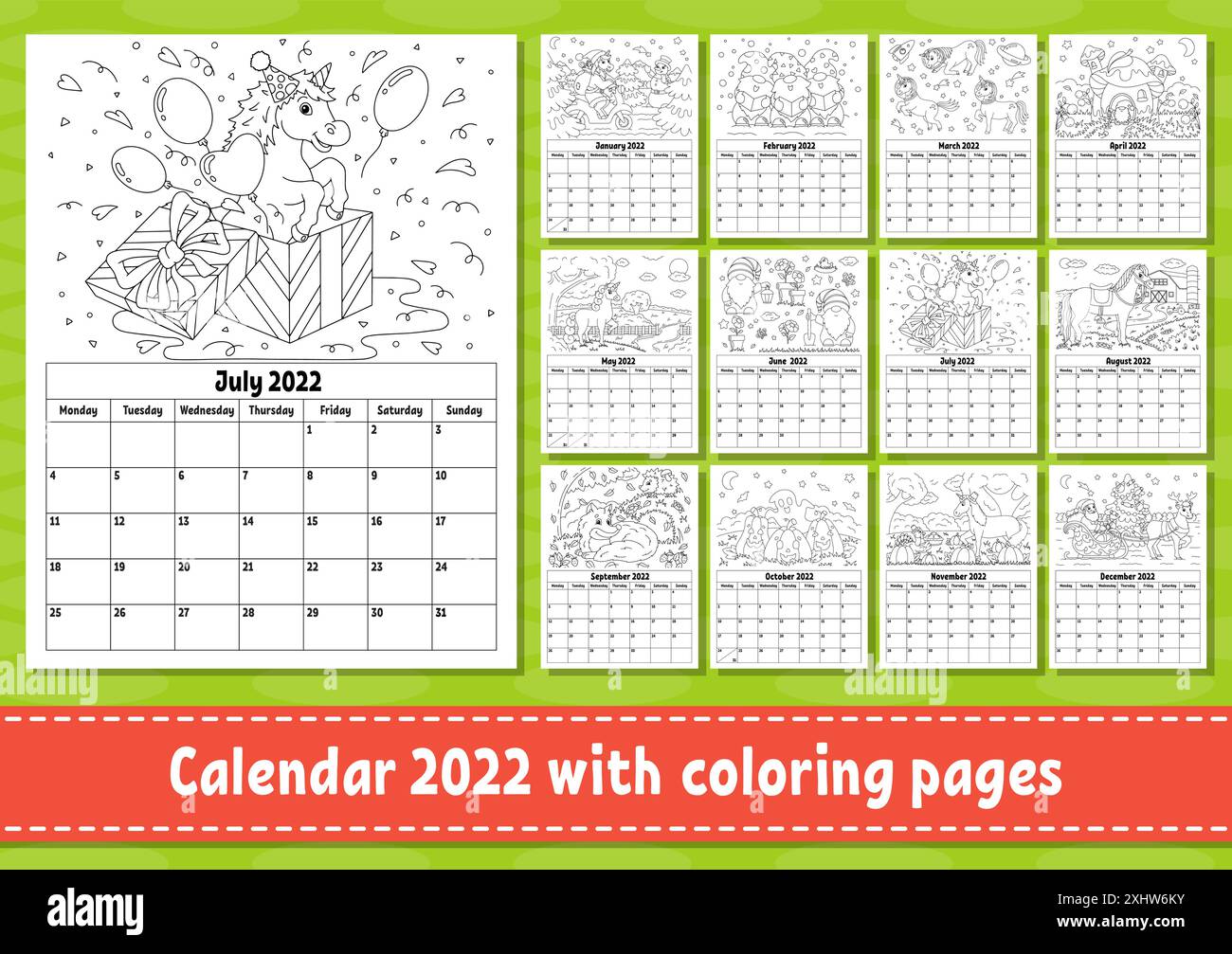 Vertical calendar for 2022 with a cute character. Coloring page for ...