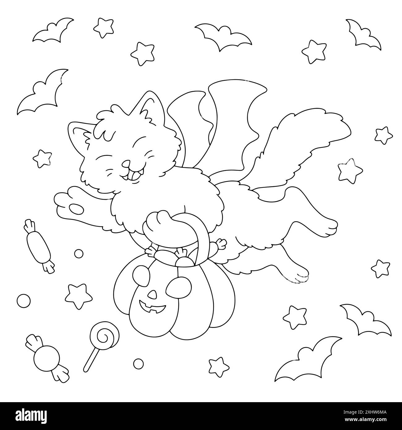 A cute cat carries a pumpkin with sweets in its paws. Halloween theme ...