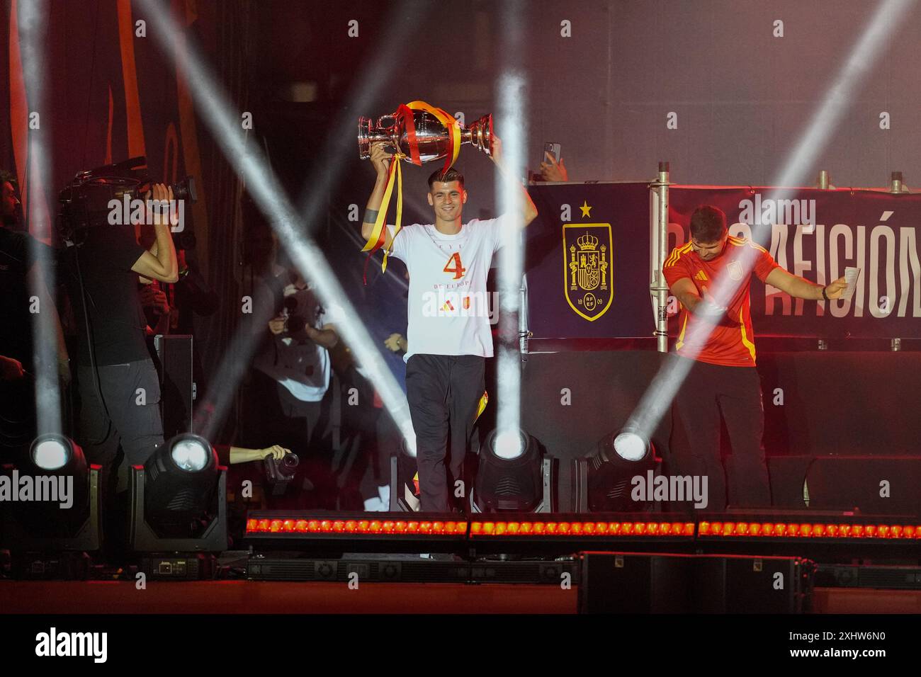 Spanish player Alvaro Morata seen raising the trophy during the ...