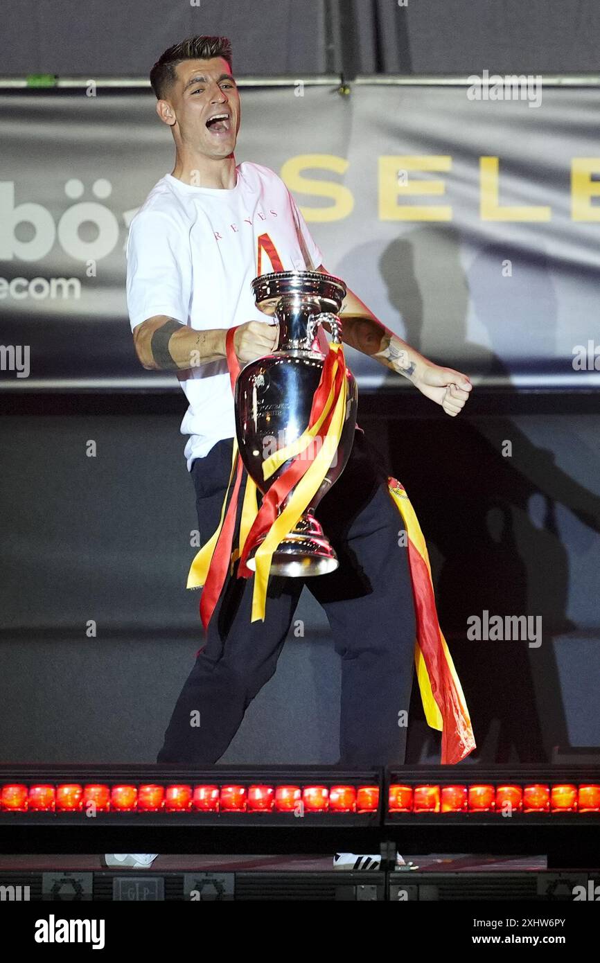 Spanish player Alvaro Morata seen raising the trophy during the ...