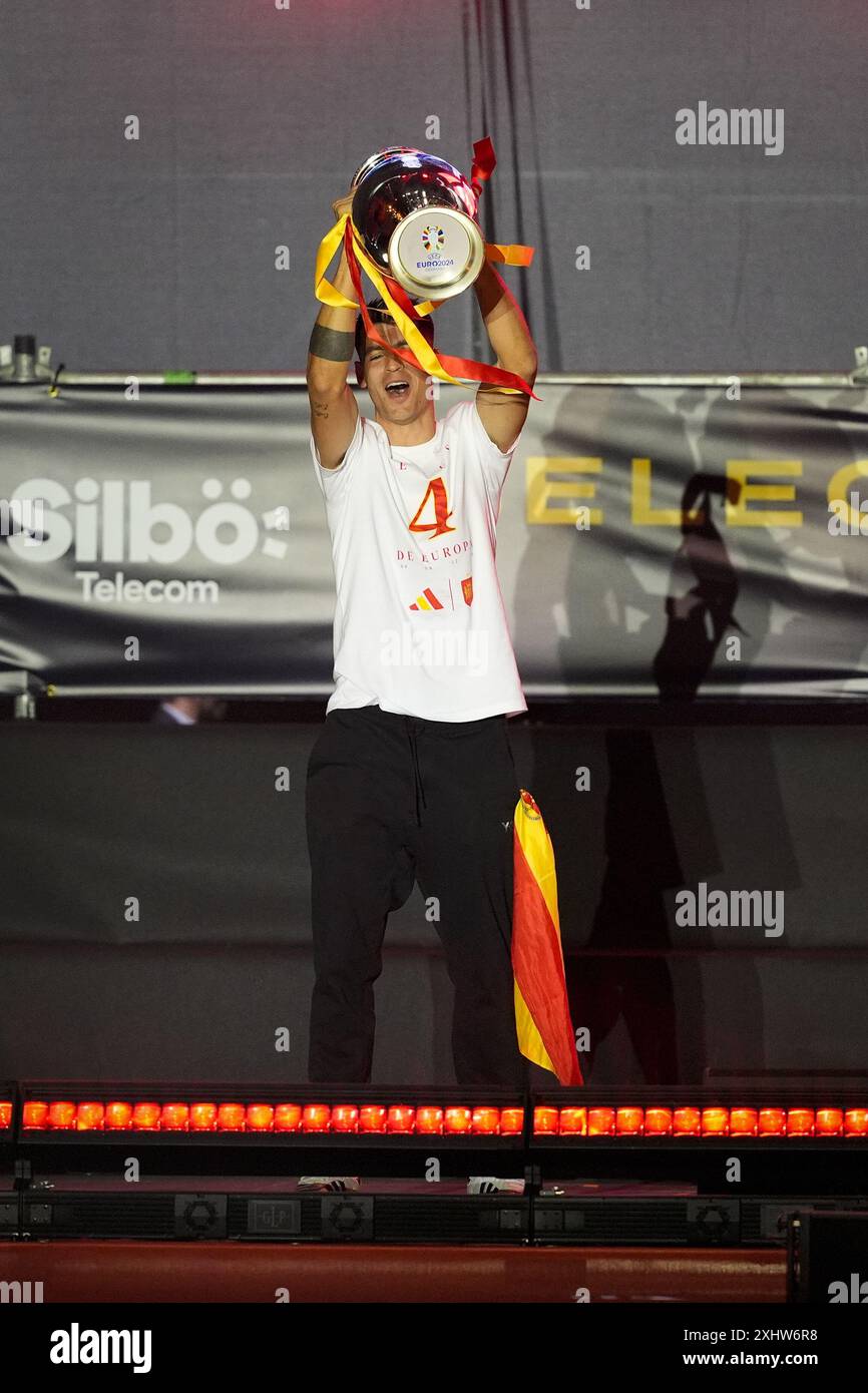 Spanish player Alvaro Morata seen raising the trophy during the ...