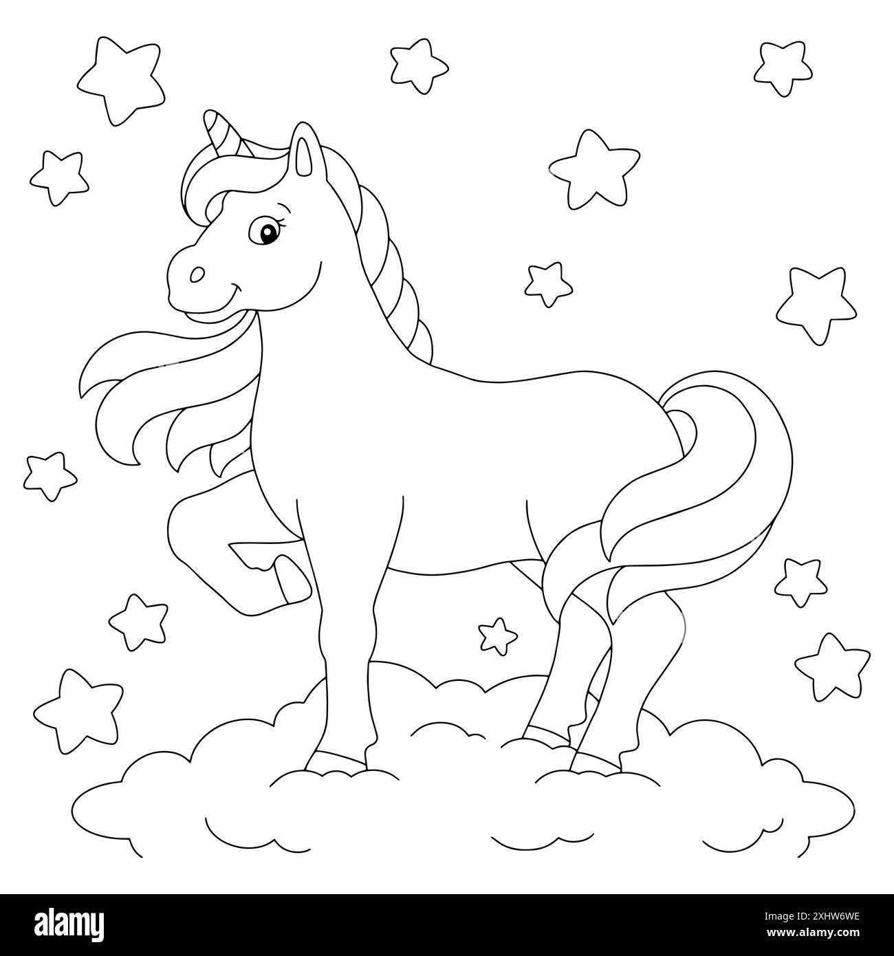 Magical unicorn on the night sky. Coloring book page for kids. Cartoon ...