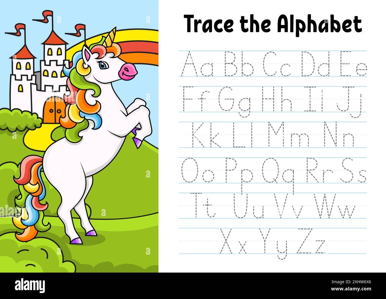 Writing letters. Tracing page with unicorn. Practice sheet. Worksheet ...