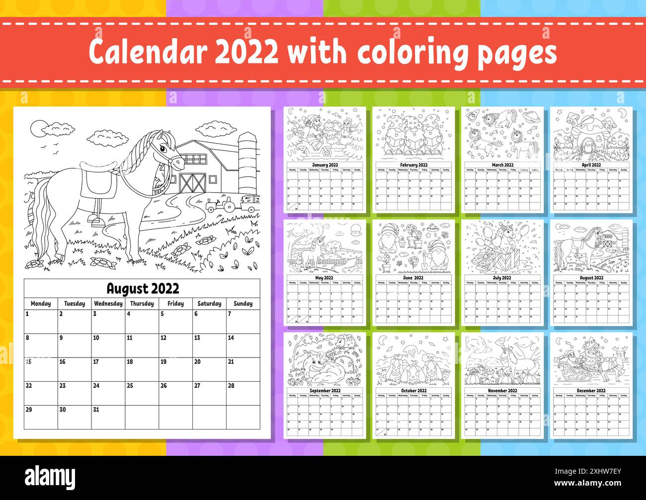 Vertical calendar for 2022 with a cute character. Coloring page for ...