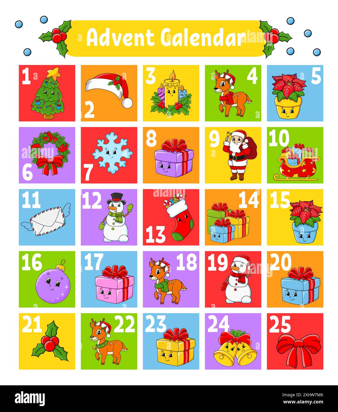 Christmas advent calendar with cute characters. Santa claus, deer ...