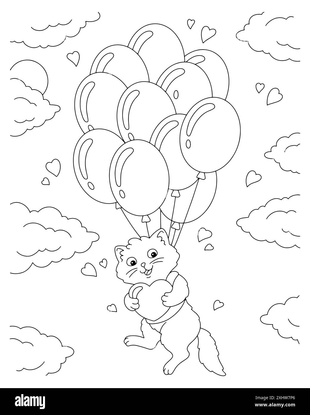 A cute cat flies on balloons and holds a gift in its paws. Coloring ...