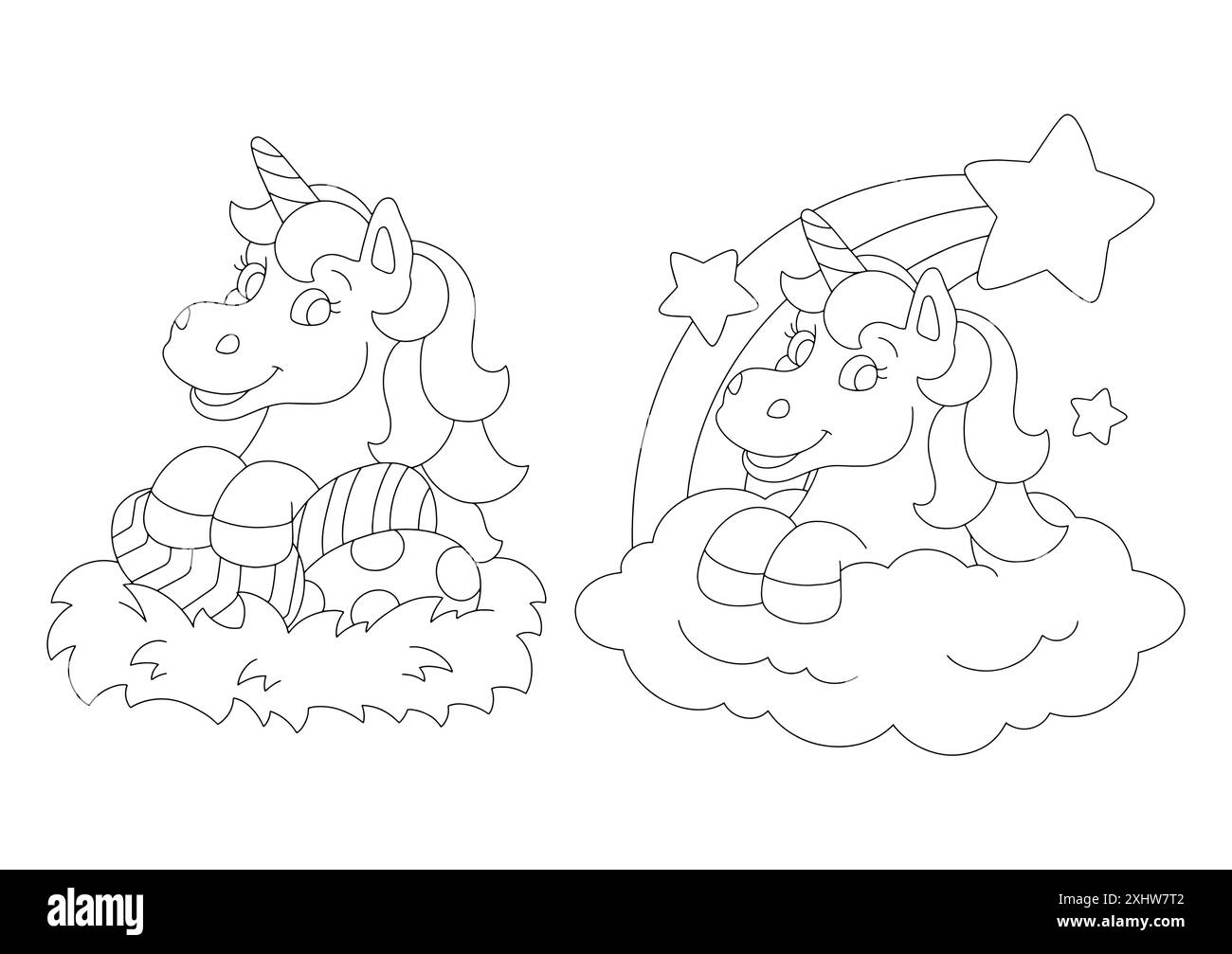 Set of two fabulous unicorns. Coloring book page for kids. Cartoon ...