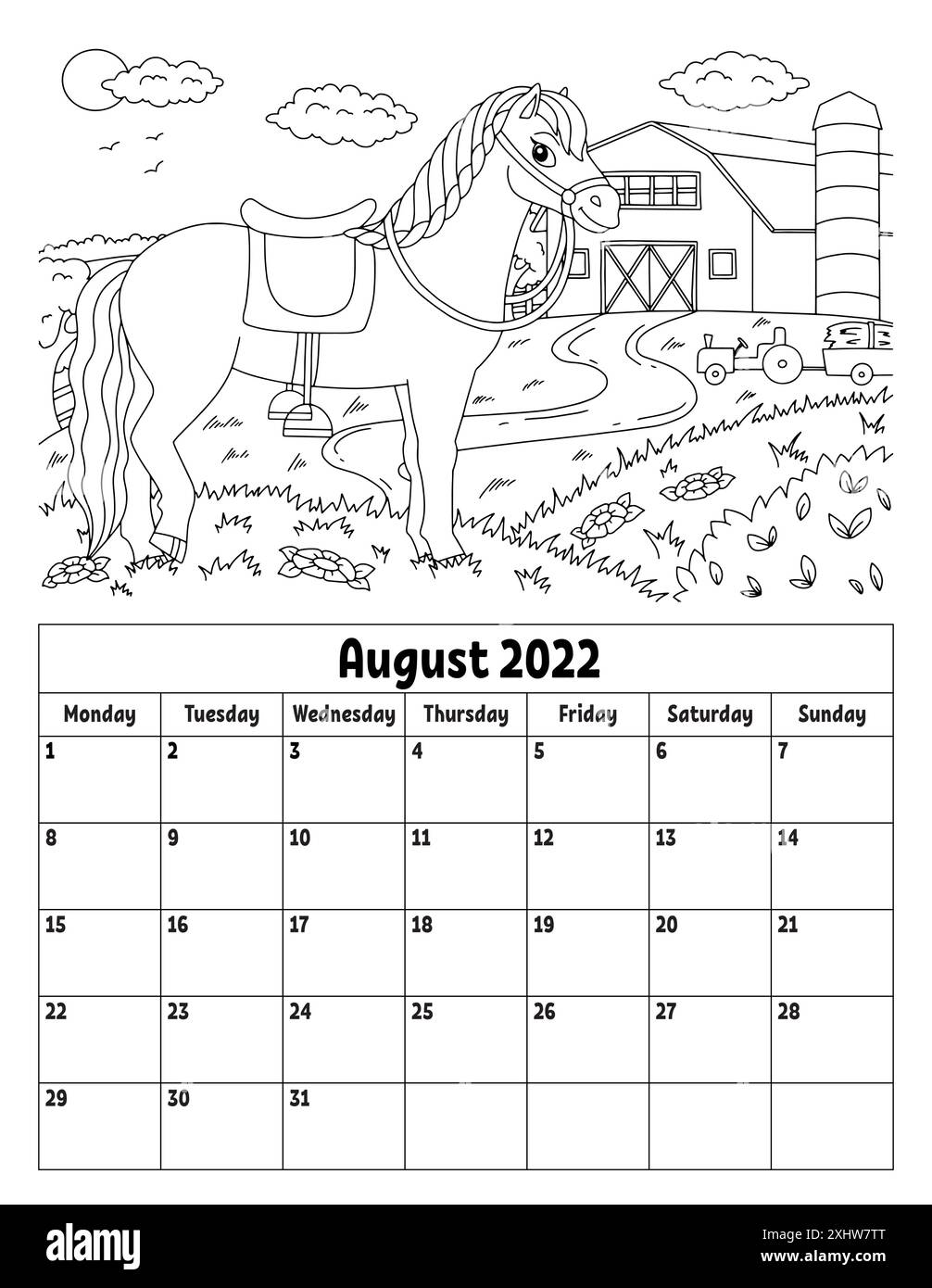Vertical calendar for 2022 with a cute character. Coloring page for ...