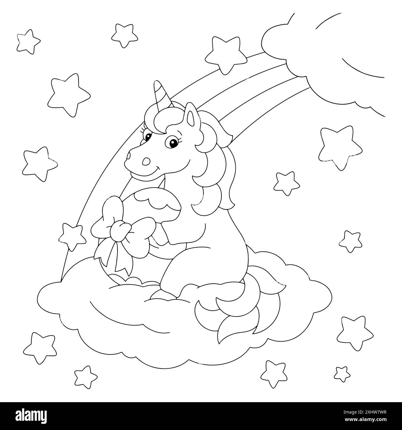 The unicorn sits on a cloud with a gift. Coloring book page for kids ...
