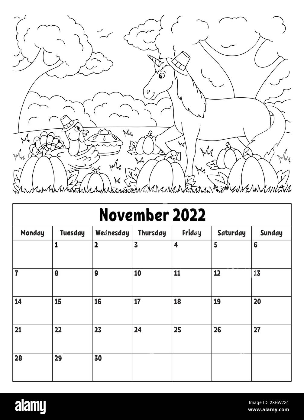 Vertical calendar for 2022 with a cute character. Coloring page for ...