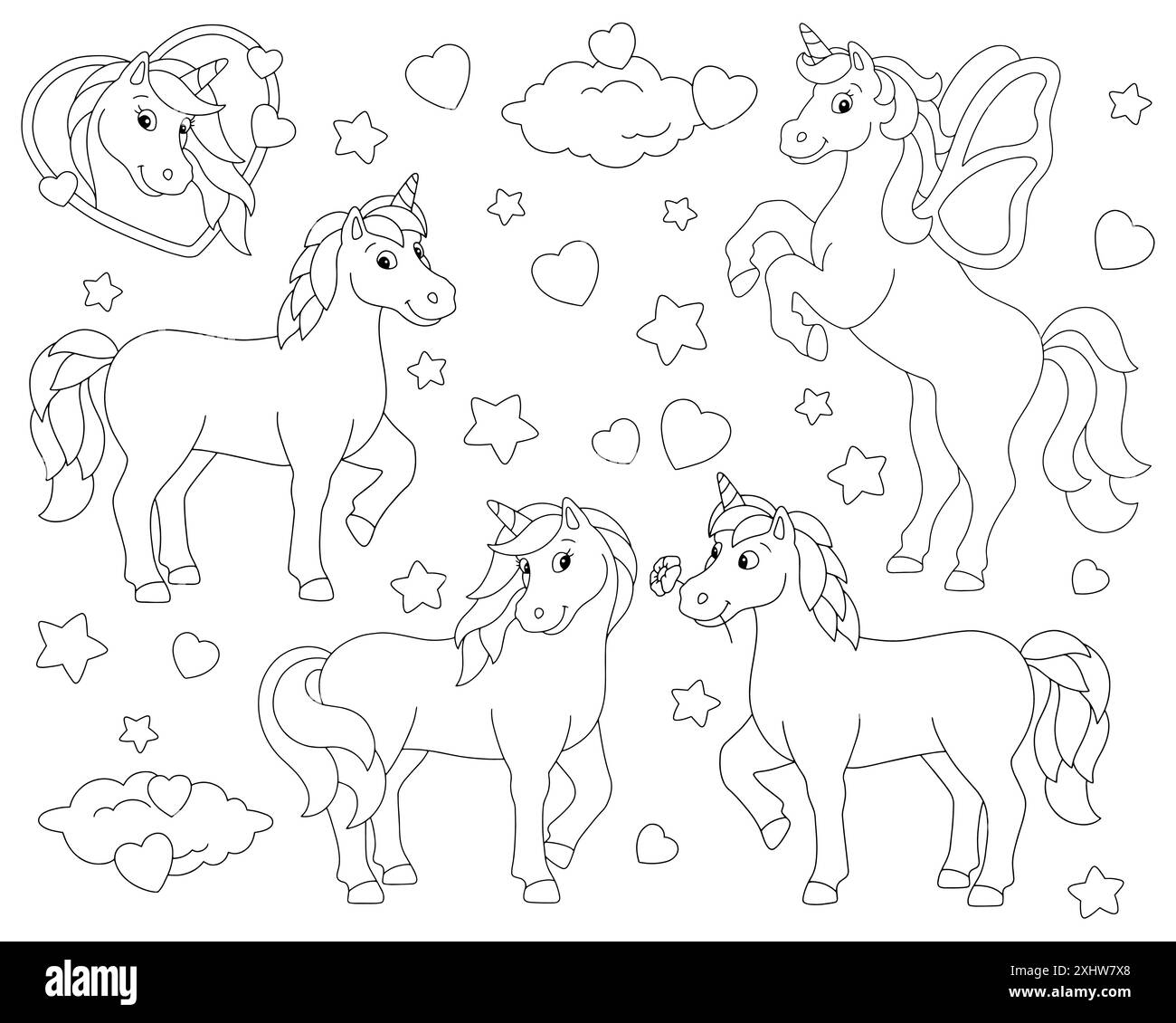 Lovely unicorns in love. Coloring book page for kids. Valentine's Day ...