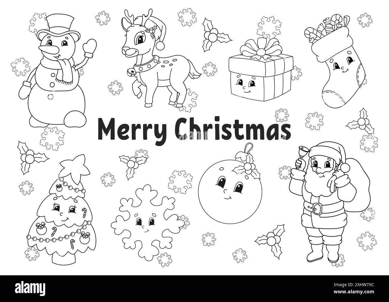 Coloring book for kids. Winter clipart. Cheerful characters. Vector ...