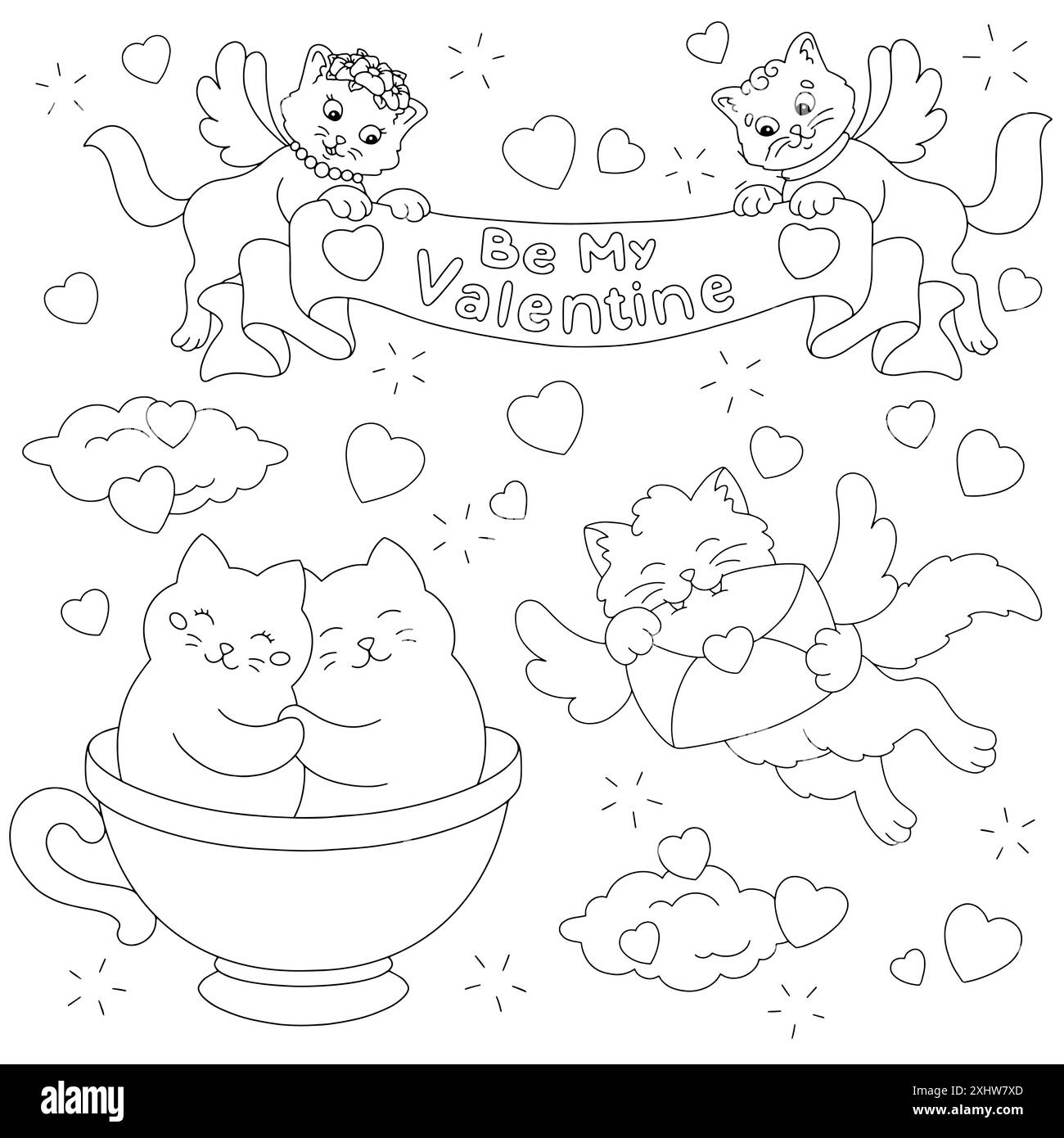 Beautiful loving cats. Coloring book page for kids. Valentine's Day ...