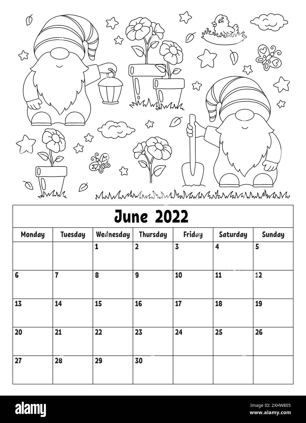 Vertical calendar for 2022 with a cute character. Coloring page for ...