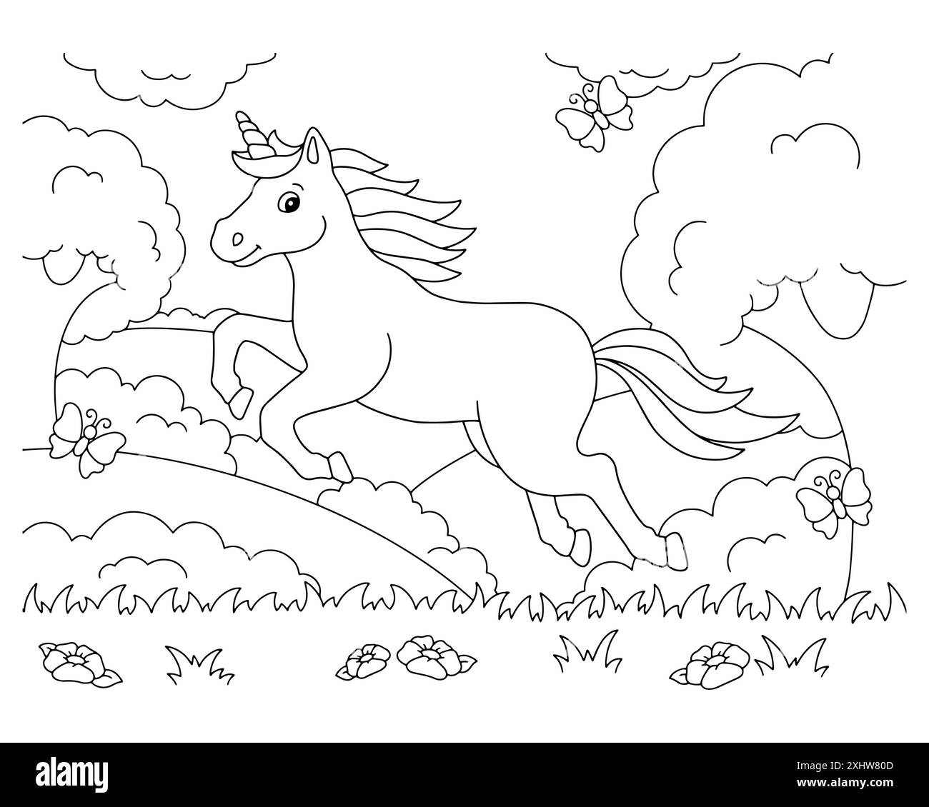 Coloring book page for kids. The unicorn jumps across the clearing ...