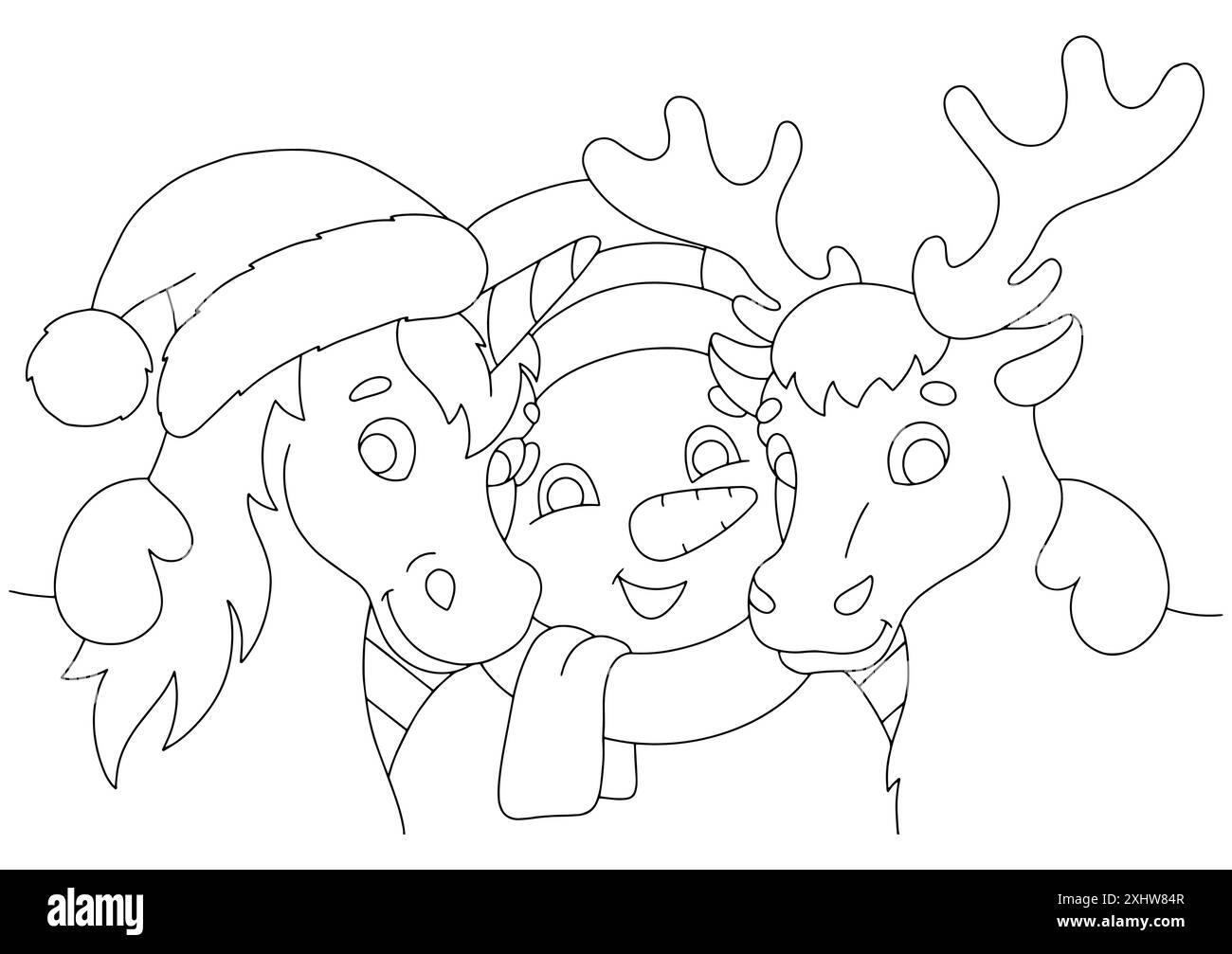 Unicorn, deer and snowman for christmas. Coloring book page for kids ...