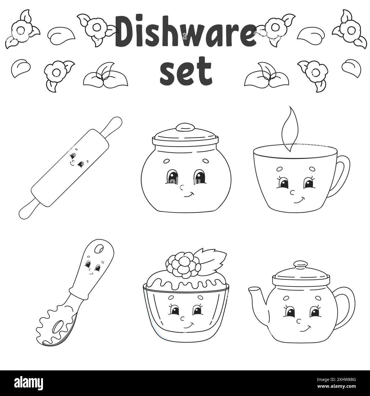 Coloring book for kids. Cheerful characters. Dishware theme. Vector ...