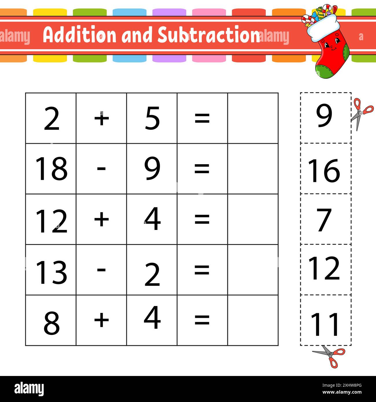 Addition and subtraction. Task for kids. Cut and paste. Education ...