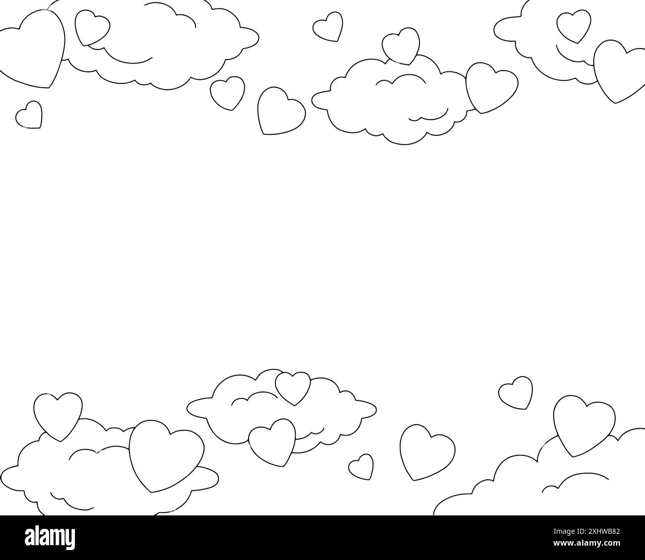 Scene with clouds and hearts. Coloring book page for kids. Valentine's ...