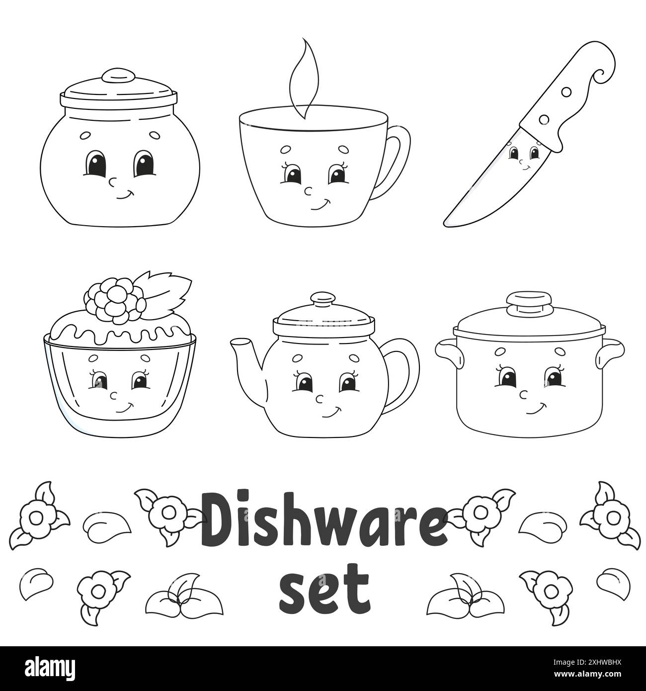 Coloring book for kids. Cheerful characters. Dishware theme. Vector ...