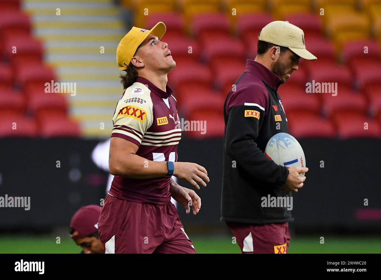 Brisbane, Australia. 16th July, 2024. Reece Walsh of the Maroons looks ...