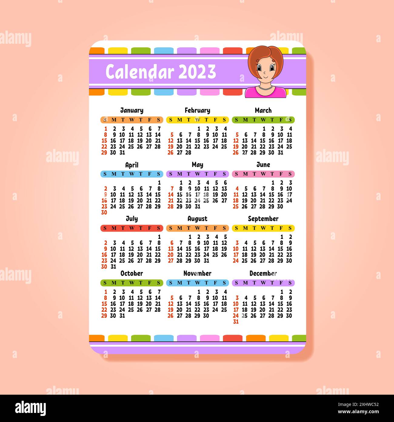 Calendar for 2023 with a cute character. Fun and bright design ...