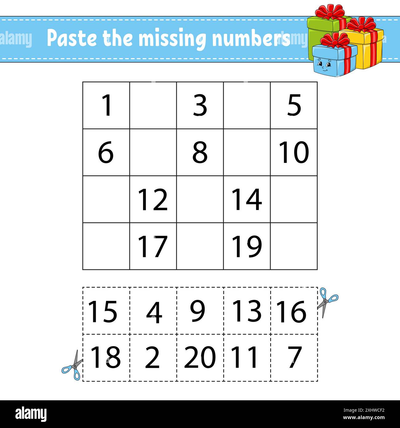 Paste the missing numbers 1-20. Game for children. Handwriting practice ...