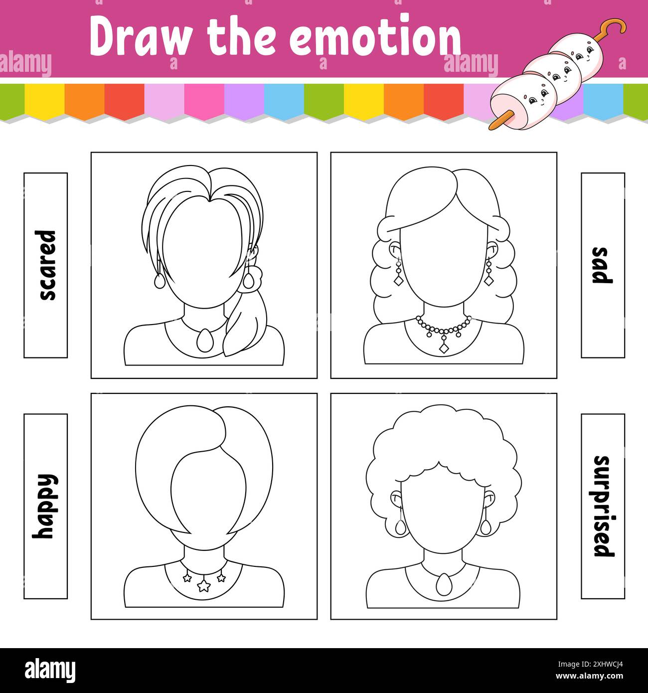 Draw the emotion. Worksheet complete the face. Coloring book for kids ...