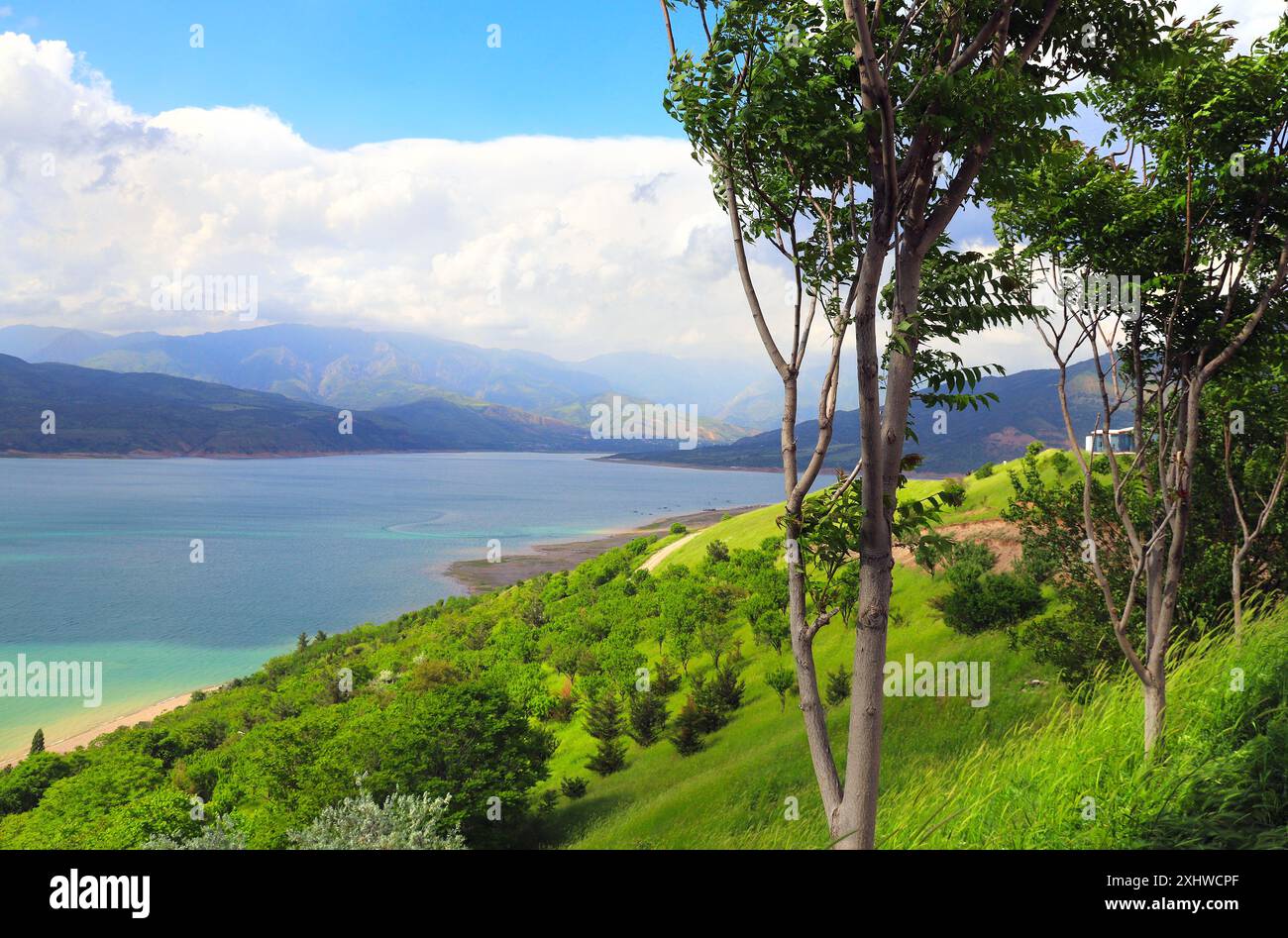 Aerial view of the Charvak reservoir, Tashkent region, Uzbekistan ...