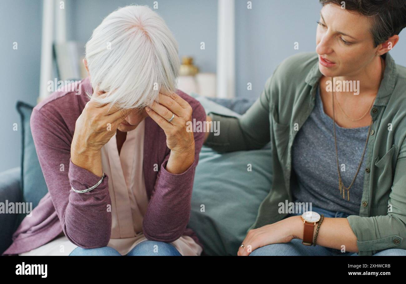 Senior mom, stress and daughter with support for mental health crisis ...