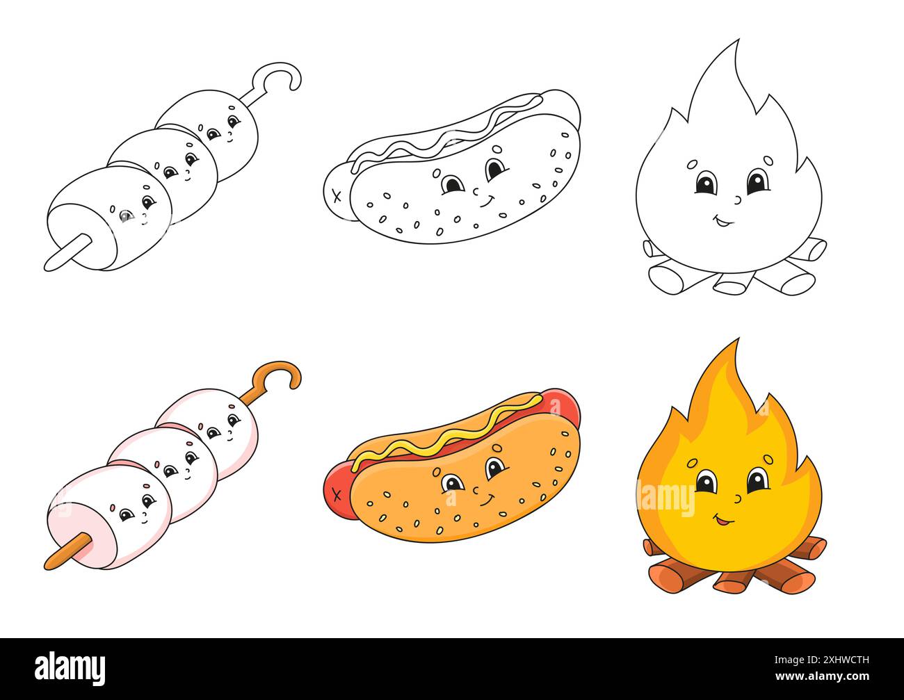 Set coloring page for kids. Cute cartoon characters. Black stroke. With ...