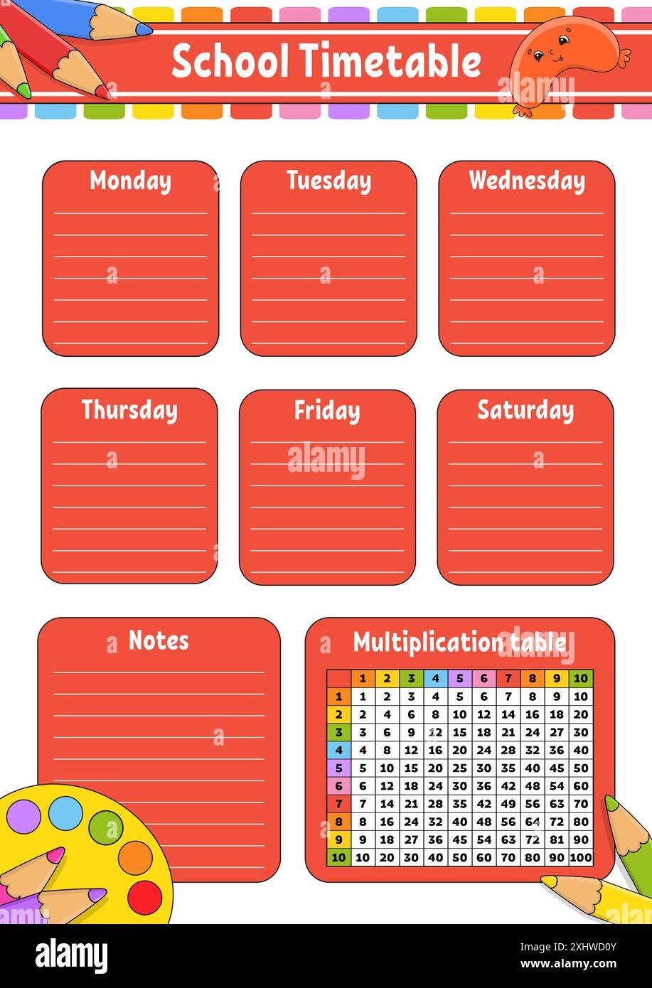 School timetable with multiplication table. For the education of ...