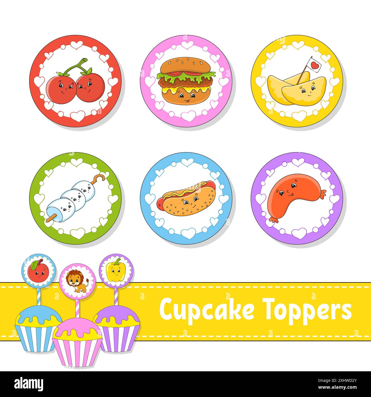Cupcake Toppers. Set of six round pictures. Barbecue theme. cartoon ...
