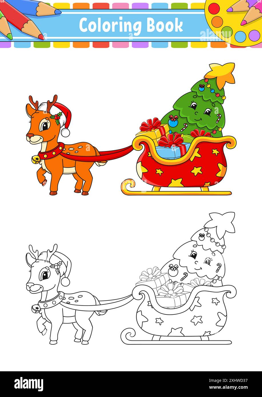 Santa Claus sleigh. Winter deer. Christmas theme. Coloring book page for kids. Cartoon style ...