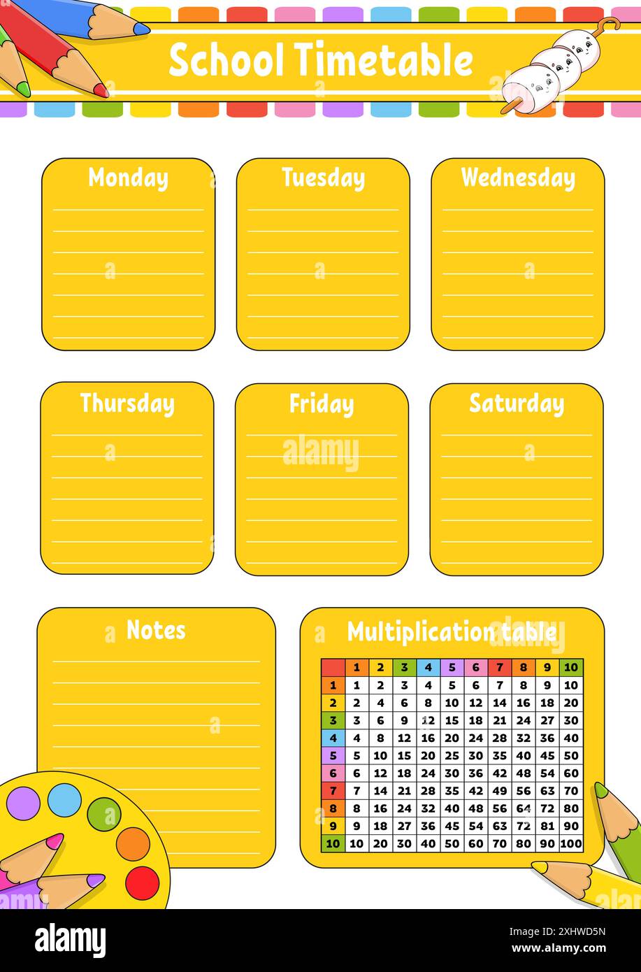 School timetable with multiplication table. For the education of ...