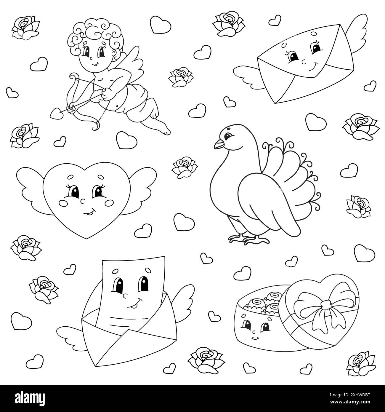 Coloring book for kids. Valentine's Day clipart. Cheerful characters ...