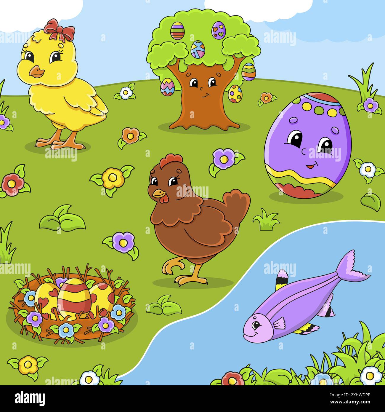 Set of cute cartoon characters. Easter clipart. Hand drawn. Colorful ...