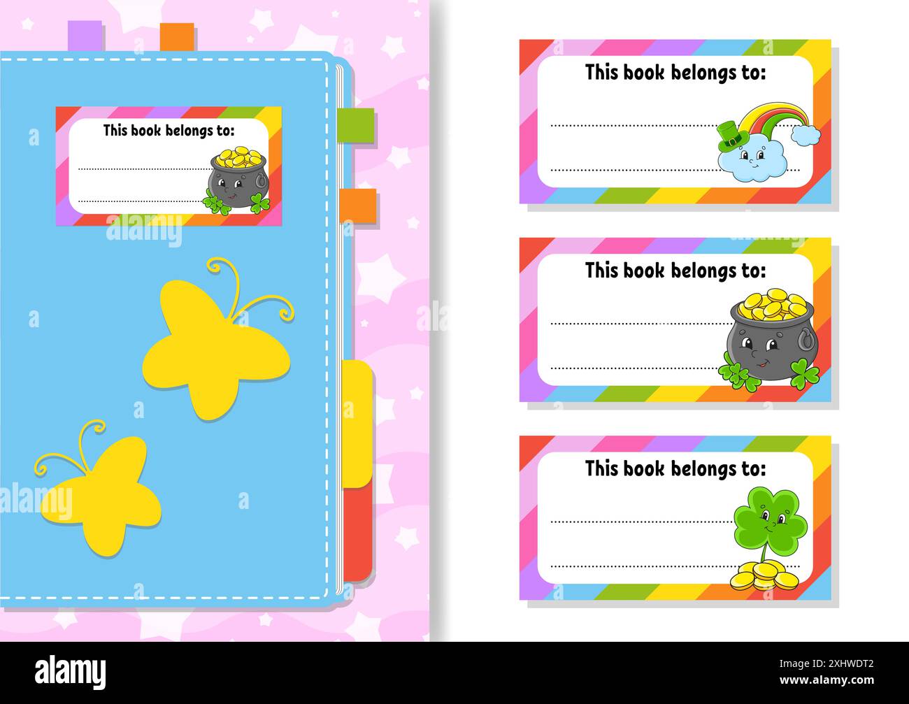 Book label stickers for kids. The rectangular shape. Cartoon character ...