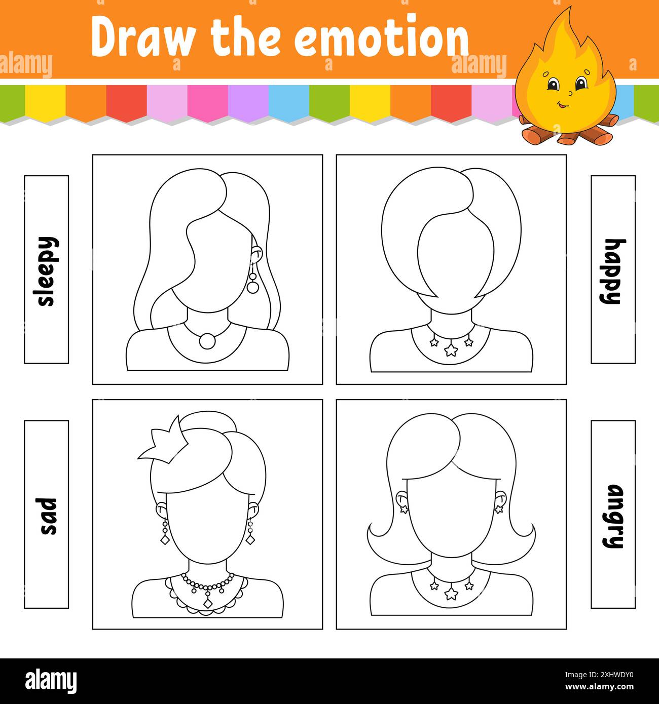 Draw the emotion. Worksheet complete the face. Coloring book for kids ...