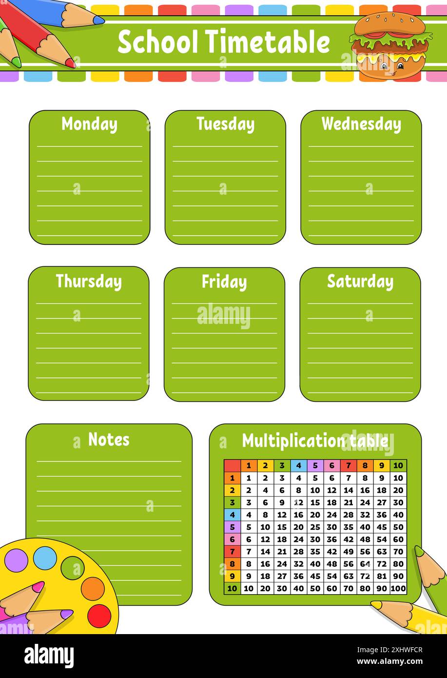 School timetable with multiplication table. For the education of ...