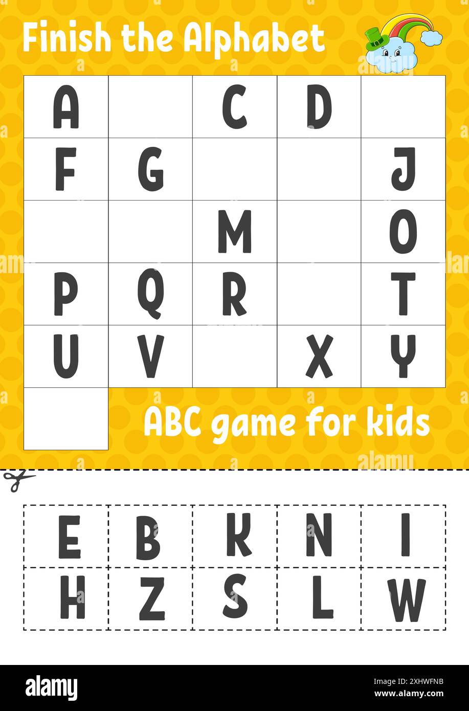 Finish the alphabet. ABC game for kids. Cut and glue. Education developing worksheet. Learning ...