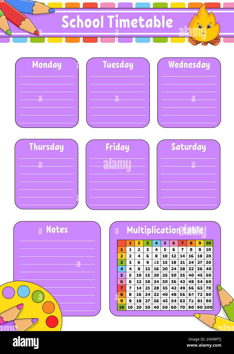 School timetable with multiplication table. For the education of ...